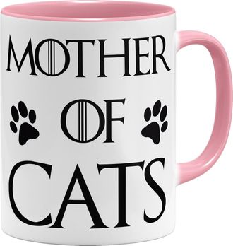 OM3 Mother of Cats Kaffee-Tasse mit Spruch - für Katzenmamas & Crazy Cat Ladys - Keramik Becher - 325ml - Beidseitig Bedruckt - Rosa
