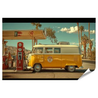 Islandburner XXL Bild Poster Gelber Kult T1 Bus an alter Tankstelle für Wohnzimmer Auto-Enthusiasten Werkstatt Premium Bilder Fotodruck