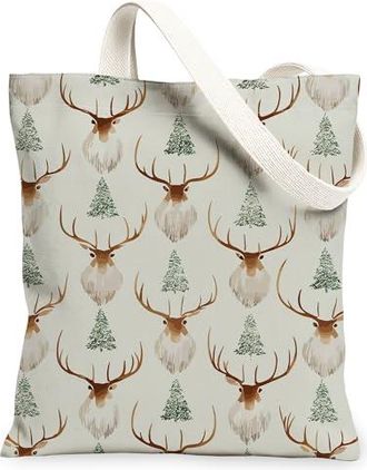 Generic Sacs fourre-tout en toile de cerf rustique, sacs &agrave; provisions r&eacute;utilisables, l&eacute;gers et lavables avec bandouli&egrave;re Ca, beige, 13x15 Inch