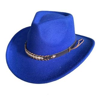 Generic Chapeau de cowboy occidental avec style ethnique en laine &agrave; bord moyen pour ext&eacute;rieur et d&eacute;contract&eacute;, bleu, Taille unique