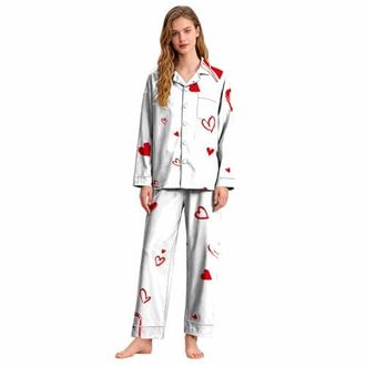 Generic Ensemble de pyjama 2 pi&egrave;ces en satin pour femme avec imprim&eacute; coeur romantique et haut &agrave; boutons &agrave; revers et pantalon pour femme, v&ecirc;tements de d&eacute;tente 