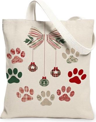 Generic Sacs fourre-tout en toile avec imprim&eacute; de pattes de No&euml;l, sacs d&eacute;picerie r&eacute;utilisables, vintage, l&eacute;gers et lavables, taille S, Beige, 13x15 Inch