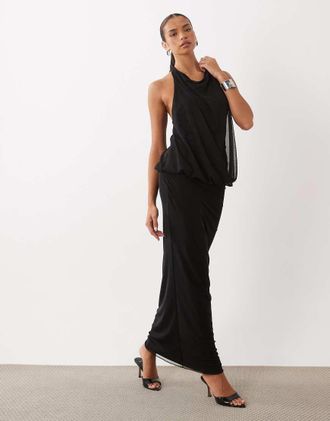Missy Empire Maxikleid mit Mesh-Overlay, Drapierung vorn und Neckholder in Schwarz