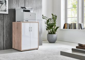 BMG M&ouml;bel Druckerschrank Office Edition mit 2 T&uuml;ren, 2 Einlegeb&ouml;den, B&uuml;rom&ouml;bel, 74 cm H&ouml;he (Sonoma Eiche/Wei&szlig; Hochglanz)