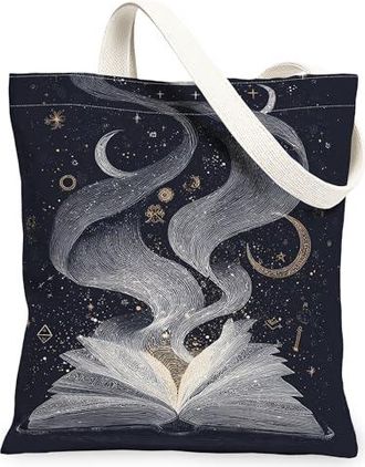 Generic Mystical Book Sac fourre-tout en toile Motif Nuit &eacute;toil&eacute;e Sac r&eacute;utilisable Vintage L&eacute;ger Lavable Bandouli&egrave;re Can, bleu marine, 13x15 Inch