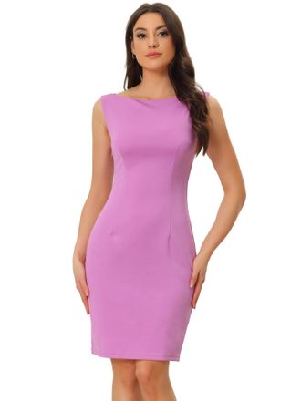 Allegra K Damen Freizeitkleider Armellos U-Boot Ausschnitt L&auml;ssig Elegant B&uuml;ro Etuikleid Lila Rosa XXL