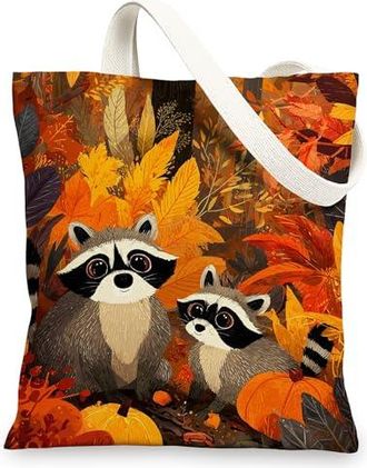 Generic Sacs fourre-tout en toile dautomne, joli motif raton laveur, sacs de courses réutilisables, légers et lavables avec bandoulière pour salle de sport, v