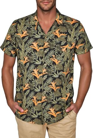 Riverso Hawaii Hemd Männer Kurzarm RIVMick Regular Fit Hemd Sommerhemd Hawaiihemd Brusttasche Blumen, Größe:3XL, Farbe:Leaves Black-Olive