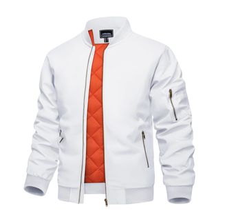 KEFITEVD Bomber Jacke Herren Kurz Collegejacke Unifarben Pilotenjacke Retro Jacke Winter Herrenjacke Arbeitsjacke Männer mit Zipper Taschen Weiß S