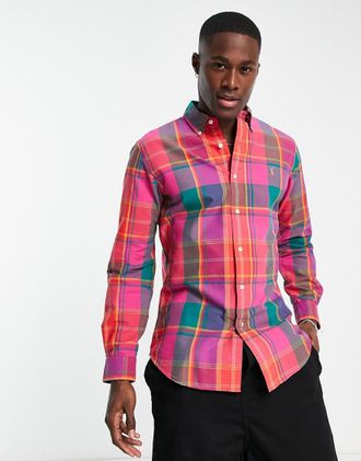 Polo Ralph Lauren Oxford-Hemd mit normalem Schnitt, Markenlogo und buntem Karomuster in Rosa/Orange-Bunt