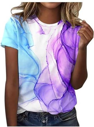 Generic T-shirt pour femme Printemps et &Eacute;t&eacute; Color&eacute; Imprim&eacute; Manches Courtes O-Neck, lilas, XXL
