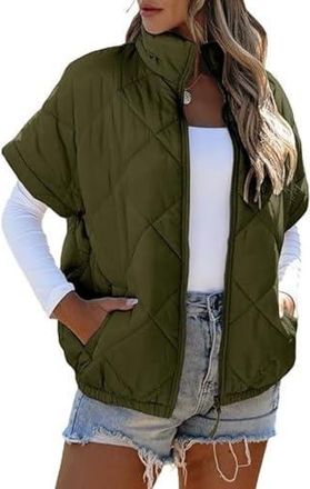 Generic Veste matelass&eacute;e surdimensionn&eacute;e &agrave; manches courtes avec col montant et fermeture &eacute;clair sur le devant pour femme, vert militaire, XXL