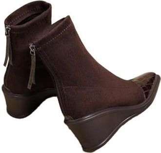 Generic GLDFW Bottines &agrave; talon compens&eacute; &agrave; bout carr&eacute; en daim avec fermeture &eacute;clair arri&egrave;re, marron fonc&eacute;, 38.5 EU