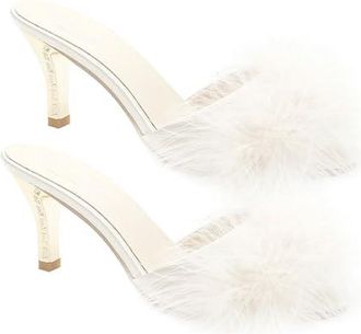 SOLUSTRE Sandales D&eacute;t&eacute; &Eacute;l&eacute;gantes &agrave; Talons Fins en Peluche Blanche Beige, Pantoufles pour Femmes, Antid&eacute;rapantes, Taille 38, pour Int&eacute;rieur et Ext&eacute;rieur