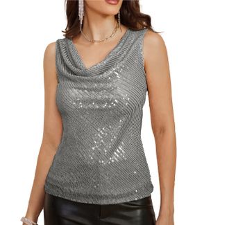 Grace Karin Damen Sexy Elegant V-Ausschnitt ärmellos Paillettenoberteil Vintage Festival Spaghettiträger Party Club Top Silbergrau L