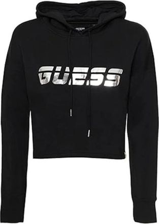 Guess Femme, Sweatshirts et sweats &agrave; capuche, Noir, Taille: 42 FR Scuba Sweat &agrave; capuche Logo Silver