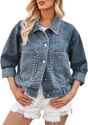 Generic Vestes pour femmes 2026 printemps d&eacute;contract&eacute; punk design d&eacute;lav&eacute; ample en denim haut veste, bleu, XL