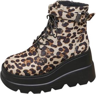 Generic Bottes de moto &agrave; bout rond &eacute;pais imprim&eacute; l&eacute;opard &agrave; la mode fermeture &eacute;clair lat&eacute;rale grande taille d&eacute;contract&eacute;es bottines en caoutchouc pour femmes ch