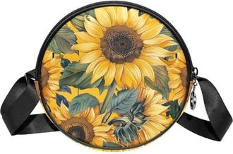 Generic Petit sac &agrave; bandouli&egrave;re rond pour femme, motif tournesol avec fermeture &eacute;clair, bretelles r&eacute;glables, style d&eacute;contract&eacute;, pour femmes et filles