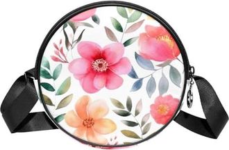 Generic Petit sac &agrave; bandouli&egrave;re circulaire pour femme, motif feuilles florales, sac &agrave; dos avec fermeture &eacute;clair, bretelles r&eacute;glables, sac &agrave; main rond d&eacute;contra