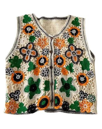 Minetom Damen Strickweste Vintage Blumen Stickerei Weste &Auml;rmellos Strickjacke Cardigan Casual Oberteile Weste Tops mit Knopf 13 Gr&uuml;n Einheitsgr&ouml;&szlig;e