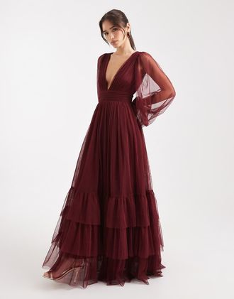 Lace & Beads Madison - Robe longue &agrave; manches longues pour demoiselle dhonneur - Bordeaux-Rouge