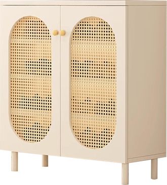 Generic Schuhschrank mit Sitzbank Rattan-Imitat-Türen Shoe Cabinet 35cm Zusätzlicher Stauraum 1,6cm E1-Holz Shoe Rack für Porch, Wohnzimmer, Schlafzimmer(Whit