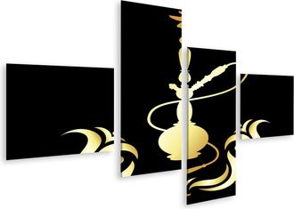 Islandburner Bild auf Leinwand Silhouette Shisha mit goldenem Muster Wandbild Leinwandbild Kunstdruck Poster 150x80cm - 4 Teile