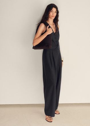 Mango Pantalon de costume droit lin m&eacute;lang&eacute; bleu marine - Femme - 44 - MANGO