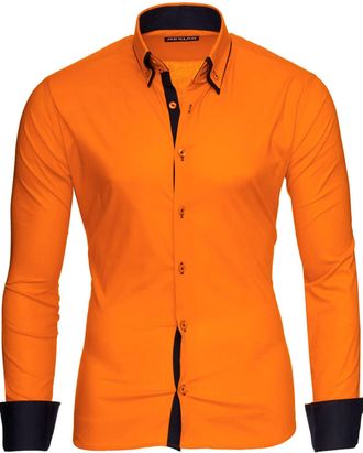 Reslad M&auml;nner Hemd b&uuml;gelleicht Slim Fit Freizeithemden Business Herren Kontrast buntes Langarmhemd RS-7050 Orange Schwarz Gr XL