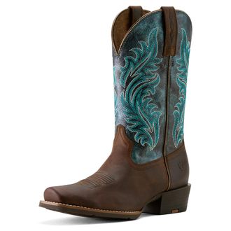 Ariat Womens Round Up Narrow Cutter Toe Western Boot in Sassy Brown Ocean Wave, B Medium Width, Size 42.5, by Ariat