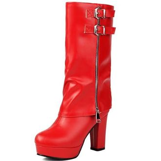 SJJH Bottes mi-longues Design unique | Bottes pour femmes par temps frais, talon 9,5 cm, fermeture &eacute;clair lat&eacute;rale, confortables, rouge, 34 EU