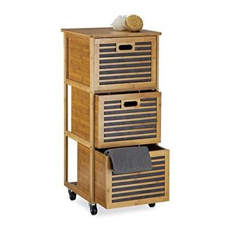 Relaxdays Caisson &agrave; roulettes avec 3 tiroirs &eacute;tag&egrave;re colonne de rangement en bambou salle de bain H x l x P: 92 x 41 x 41 cm armoire accessoires douche serviett