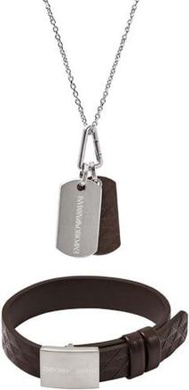 Emporio Armani Collier et Bracelet pour Homme en Acier Inoxydable Argenté et Cuir, Set