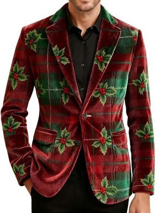Generic Costume Noel Homme - Blazer de No&euml;l en Velours c&ocirc;tel&eacute; pour Homme Style d&eacute;contract&eacute; Imprim&eacute; Sapin P&egrave;re Vestes Costume &agrave; Revers crant&eacute;