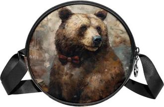 Generic Sac &agrave; bandouli&egrave;re rond pour femme, motif ours vintage, petit sac &agrave; bandouli&egrave;re avec fermeture &eacute;clair, bretelles r&eacute;glables, sac &agrave; main rond d&eacute;contract&eacute;