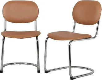 Sweeek Lot de 2 chaises cantilever arrondie m&eacute;tal. similicuir marron et pieds chrom&eacute;s - L 47 x P 54.5 x H 81cm - Maloa