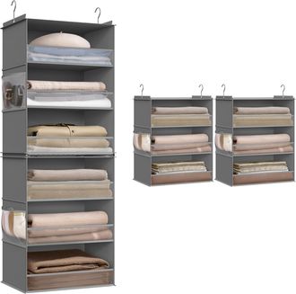 Songmics Hängeorganizer, Schrank-Organizer, Hängeregal aufteilbar, Hängeaufbewahrung, faltbar und platzsparend, Metallhaken und Bambus-Einsätze, Taubengrau RCH