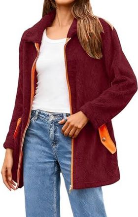 Generic Veste en peluche confortable pour femme - Automne/hiver - Couleur unie - Revers évasé à fermeture éclair - Manches longues - Vêtement dextérieur peluc