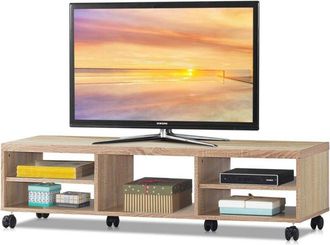 Costway Costway - Meuble tv Moderne avec Roues Verrouillables Téléviseur Jusquà 140 cm (55), Étagères de Rangement Ouverts pour tv, chêne