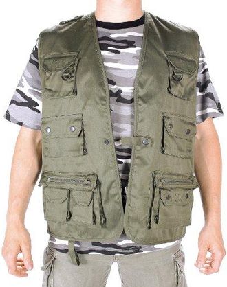 Mil-Tec Gilet de Chasse et de pêche avec Fonction Filet et 14 Poches (Olive/L)