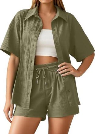 Generic Ensemble short décontracté 2026 pour femme, chemise et tenue en lin, ensemble confortable dété au quotidien, ensemble deux pièces élégant, Vert, XXL