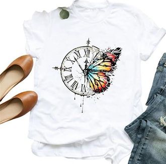 Keephen Bohemian Plume Papillon Impression 3D Femmes T-Shirt Casual &Eacute;t&eacute; Boho Tops Col Rond L&acirc;che Manches Courtes Blouses Tunique