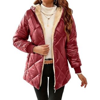 Generic Veste matelass&eacute;e &agrave; capuche en polaire doubl&eacute;e Sherpa &agrave; manches longues pour femme, rouge vin, XXL