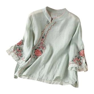 Generic T-shirt pour femme avec manches trois-quarts et boutonni&egrave;re en lin et boucle de disque brod&eacute;e style r&eacute;tro, bleu, 4XL