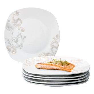 Van Well | 6er Set Speiseteller Festivo | 25.5 x 25.5 cm | gro&szlig;er Essteller | Servier-Platte f&uuml;r Men&uuml;-Beilagen | Porzellan-Geschirr festlich | Blumen-Ranke