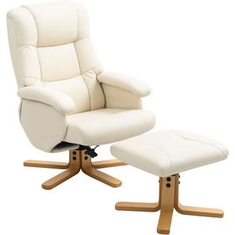 HOMCOM Homcom - Fauteuil relax inclinable pivotant avec repose-pied pi&egrave;tement bois clair synth&eacute;tique cr&egrave;me
