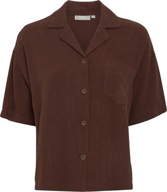 Fransa FRATEL Damen Blusenshirt aus Leinenmix Shirtbluse Bluse Hemd ungefüttert Umlegekragen V-Ausschnitt Oversize, Größe:M, Farbe:Black Coffee Melange (1911