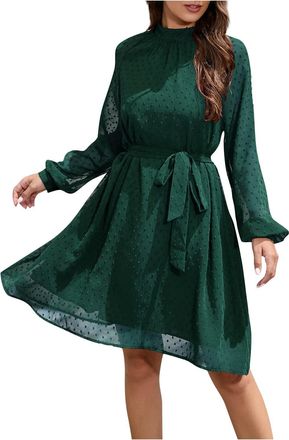 Generic Damen Kleider Winter Gürtel Kleid Damen 50 Jahre Kleid Chiffon Einfarbig Knielang Kleid mit Gürtel Hohe Taille Tunika Abendkleid Swing A-Linie Kleid (