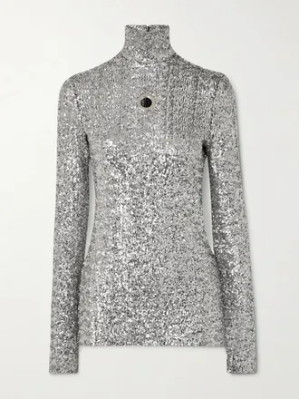Paco Rabanne Haut À Col Montant En Tulle À Sequins Et À OEillet - Argenté